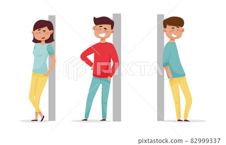 People leaned against the wall set. Cheerful... - Stock Illustration ...