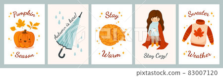 Set of cute autumn cartoon illustrations. - Stock Illustration ...