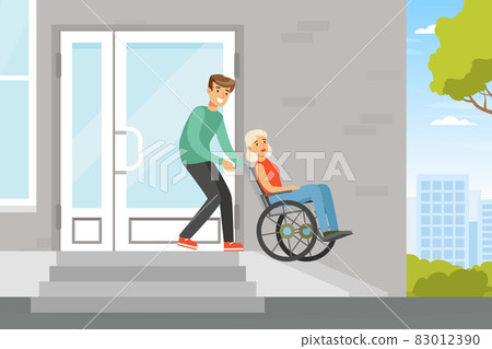 Smiling Man Pushing Wheelchair with Disabled... - Stock Illustration ...