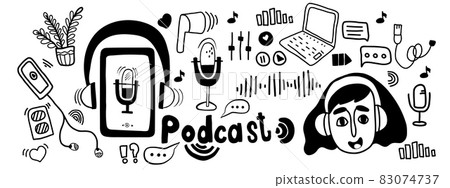 Podcast sketch concept. Girl in headphones and... - Stock Illustration ...