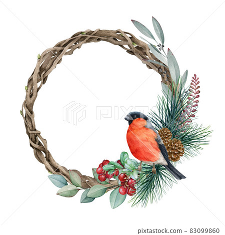 Winter decorative wreath with bullfinch bird.... - Stock Illustration ...