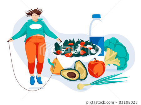 Woman jumping rope with healthy food set on... - Stock Illustration ...