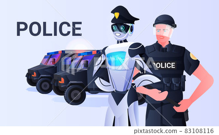 robot cop with patrol man riot police in... - Stock Illustration ...