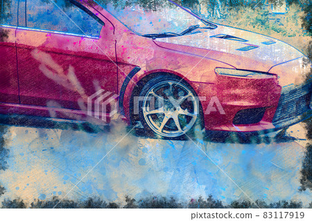 Red car driving on the road. The front of a... - Stock Illustration ...