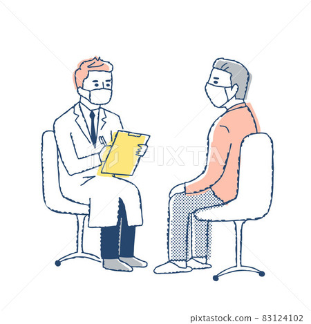 Doctor and patient male interviewing in the... - Stock Illustration ...