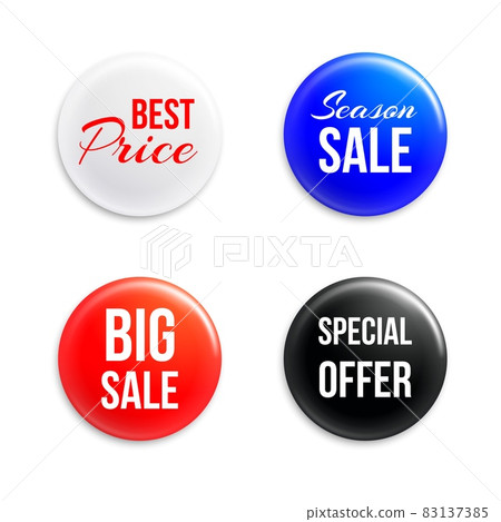 Pin badges with discounts info. Round realistic... - Stock Illustration ...