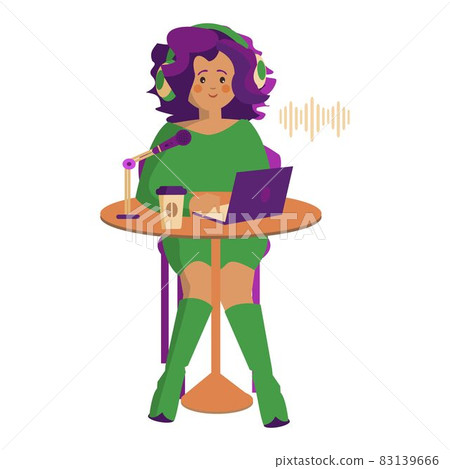 Female podcaster sitting at a table with a... - Stock Illustration ...