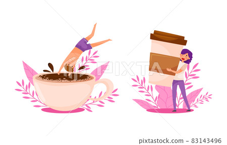 Boy jumping into a big cup of coffee. Girl... - Stock Illustration ...