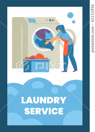 Laundry card with laundress puts clothes in... - Stock Illustration ...