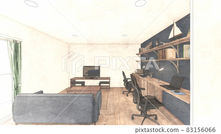 Living room interior perspective with telework... - Stock Illustration ...