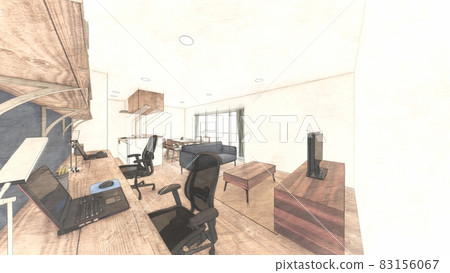 Living room interior perspective with telework... - Stock Illustration ...