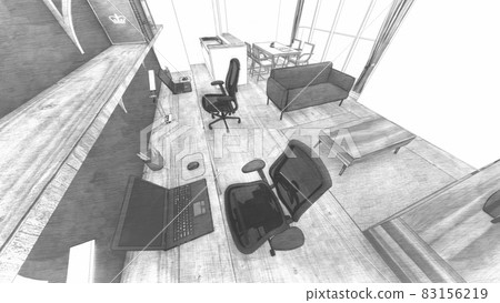 Living room interior perspective with telework... - Stock Illustration ...