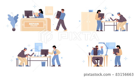 Set scenes with people working at computer... - Stock Illustration ...