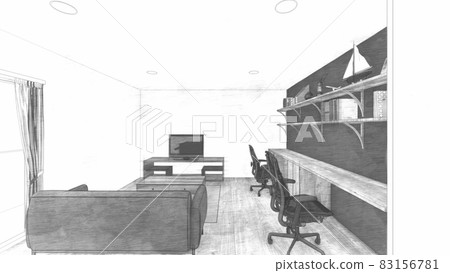 Living room interior perspective with telework... - Stock Illustration ...