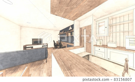 Living room interior perspective with telework... - Stock Illustration ...