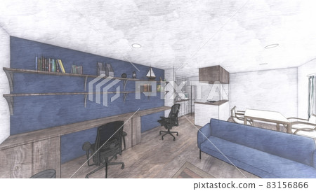 Living room interior perspective with telework... - Stock Illustration ...