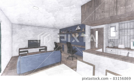 Living room interior perspective with telework... - Stock Illustration ...