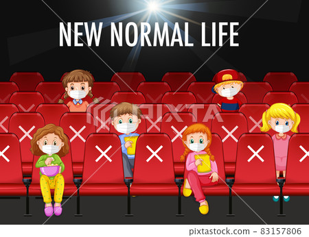 New normal with people wearing masks in cinema - Stock Illustration ...
