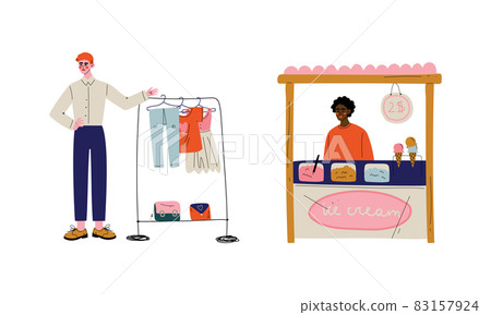 Man Character Selling Goods at Marketplace or... - Stock Illustration ...