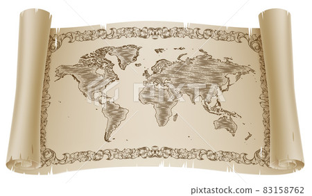 World Map Drawing Old Woodcut Engraved Scroll - Stock Illustration ...