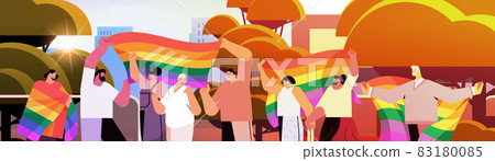 mix race people holding lgbt rainbow flags gay... - Stock Illustration ...