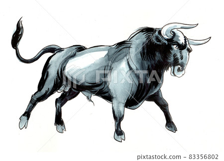 Big strong bull. Ink and watercoulor drawing - Stock Illustration ...
