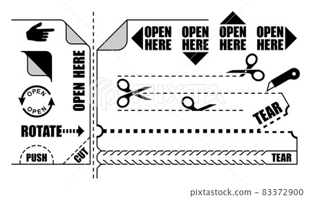 Vector set of Open here label, Tear stripe,... - Stock Illustration ...