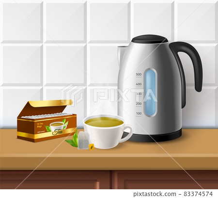 Realistic tea. Hot drink preparation. Household... - Stock Illustration ...