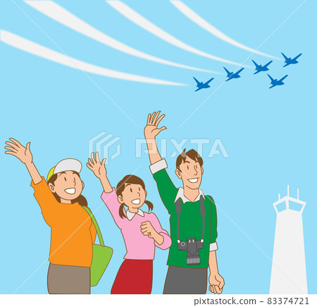 Family waving to a plane flying in formation at... - Stock Illustration ...