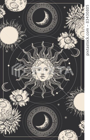Magic drawing of the sun with a face. Tarot... - Stock Illustration ...