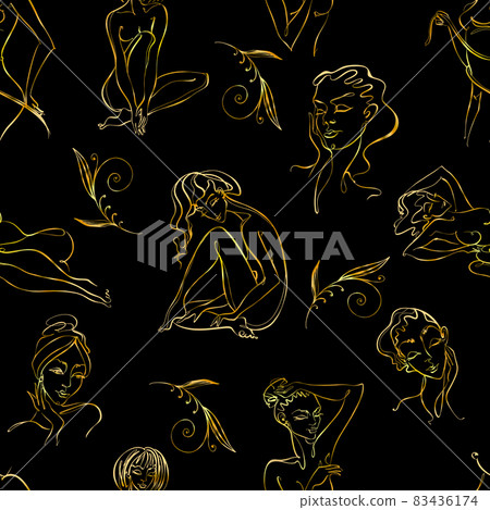 Line art. Beauty body. Seamless pattern on gold... - Stock Illustration ...