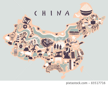 Vector hand drawn stylized map of China. Travel... - Stock Illustration ...