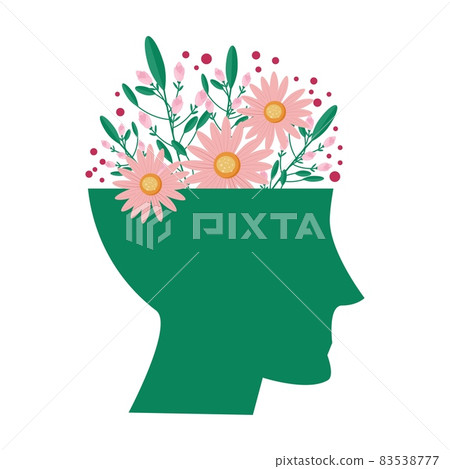 Mental health concept. Human head with flowers,... - Stock Illustration ...