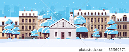 winter city street with church snowy building... - Stock Illustration ...