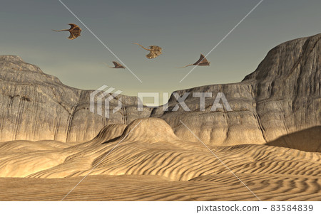 Flying alien creatures over a desert landscape - Stock Illustration ...