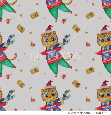 Christmas Seamless pattern with cute tiger. A... - Stock Illustration ...