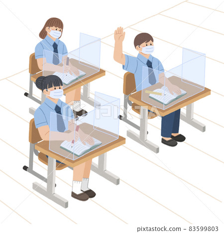 students with mask in classroom with partitions - Stock Illustration ...