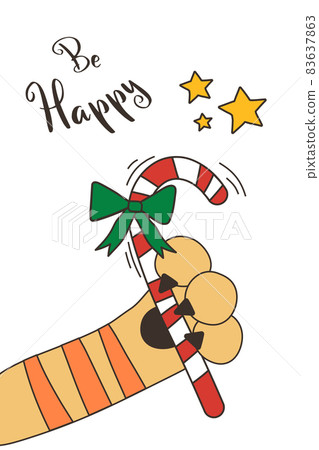 Tiger hold christmas candy cane with bow New... - Stock Illustration ...