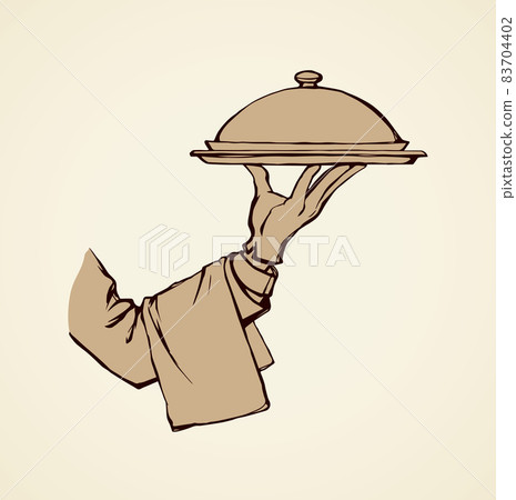 Hand of waiter with dish. Vector drawing - Stock Illustration [83704402 ...