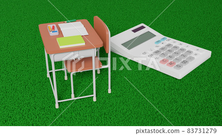 Miniature school desk and calculator placed on... - Stock Illustration ...