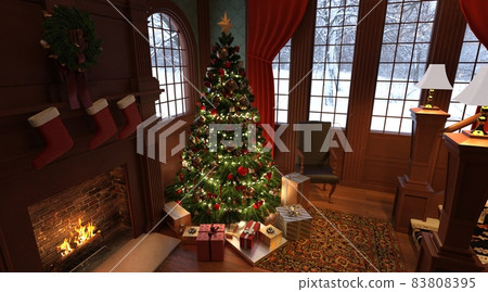 Christmas room vintage style interior 3d... - Stock Illustration ...