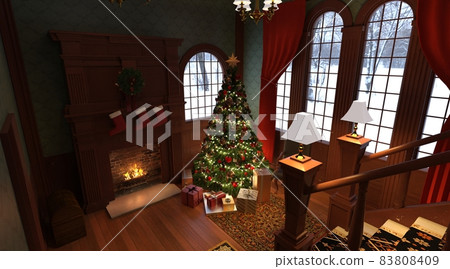 Christmas room vintage style interior 3d... - Stock Illustration ...
