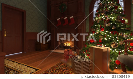 Christmas room vintage style interior 3d... - Stock Illustration ...