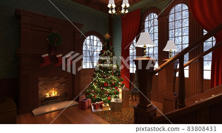 Christmas room vintage style interior 3d... - Stock Illustration ...
