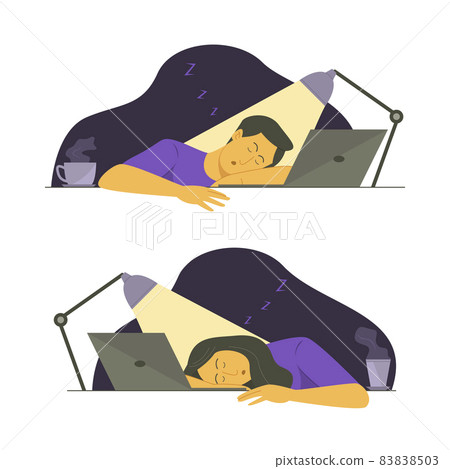 Man and Woman Sleep While Working from Home on... - Stock Illustration ...