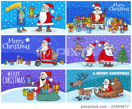 Christmas greeting cards set with cartoon Santa... - Stock Illustration ...