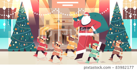 santa claus with mix race elves preparing for... - Stock Illustration ...