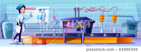 Cartoon factory conveyor belt with glass milk... - Stock Illustration ...