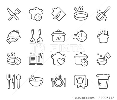 Cooking line icons. Boiling time, Frying pan... - Stock Illustration ...