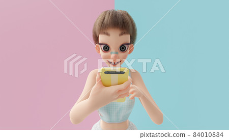 little girl enjoy yellow smartphone. - Stock Illustration [84010884 ...